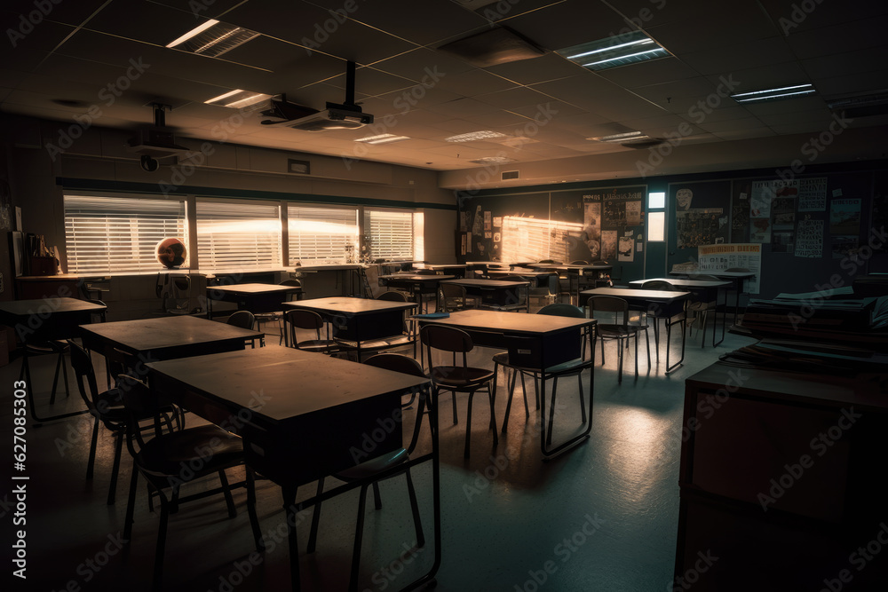 Professionally organized classroom with rows of desks and chairs, lit ...