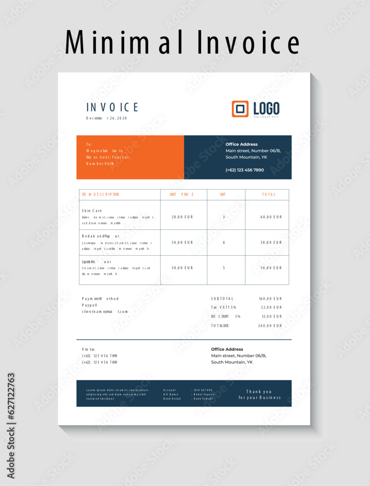 minimal invoice template, clean design, orange and navy blue color ...