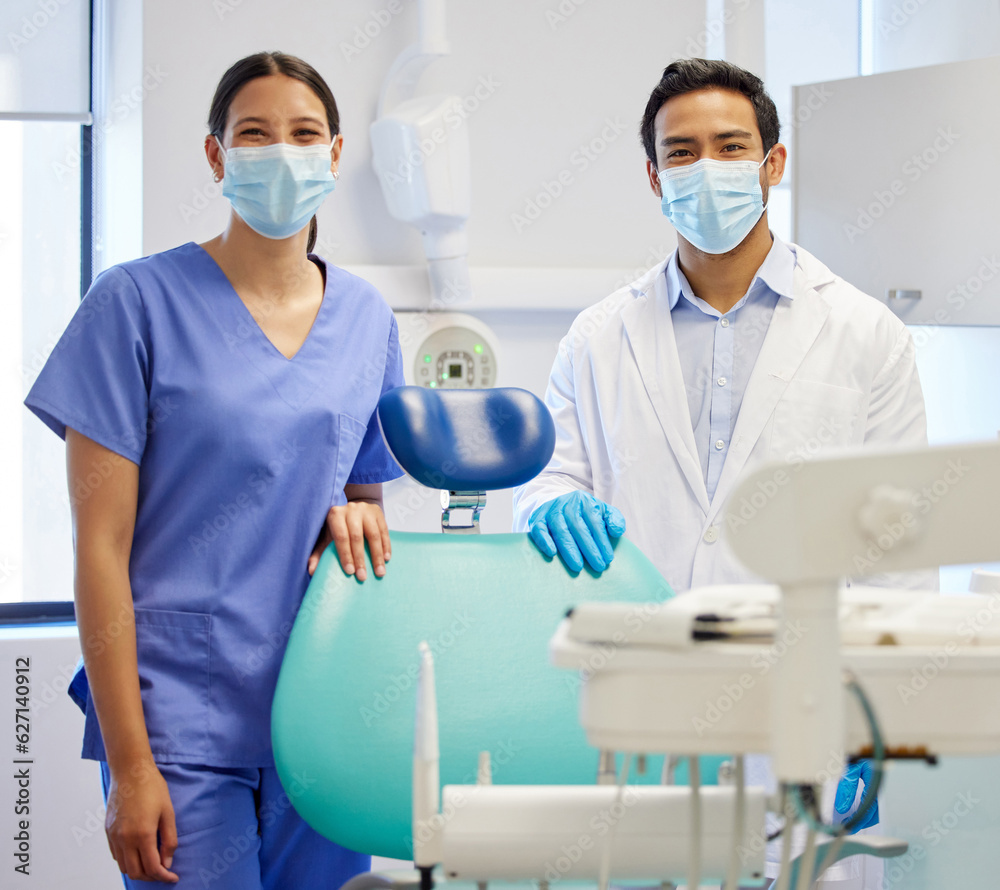 Dentist team, face mask and professional portrait for.medical industry ...