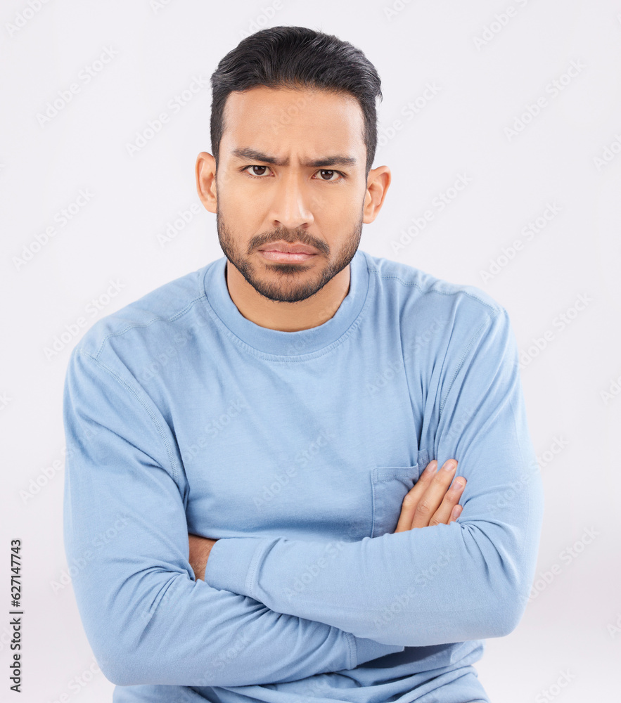 Portrait, angry and man with arms crossed, frustrated and upset guy ...