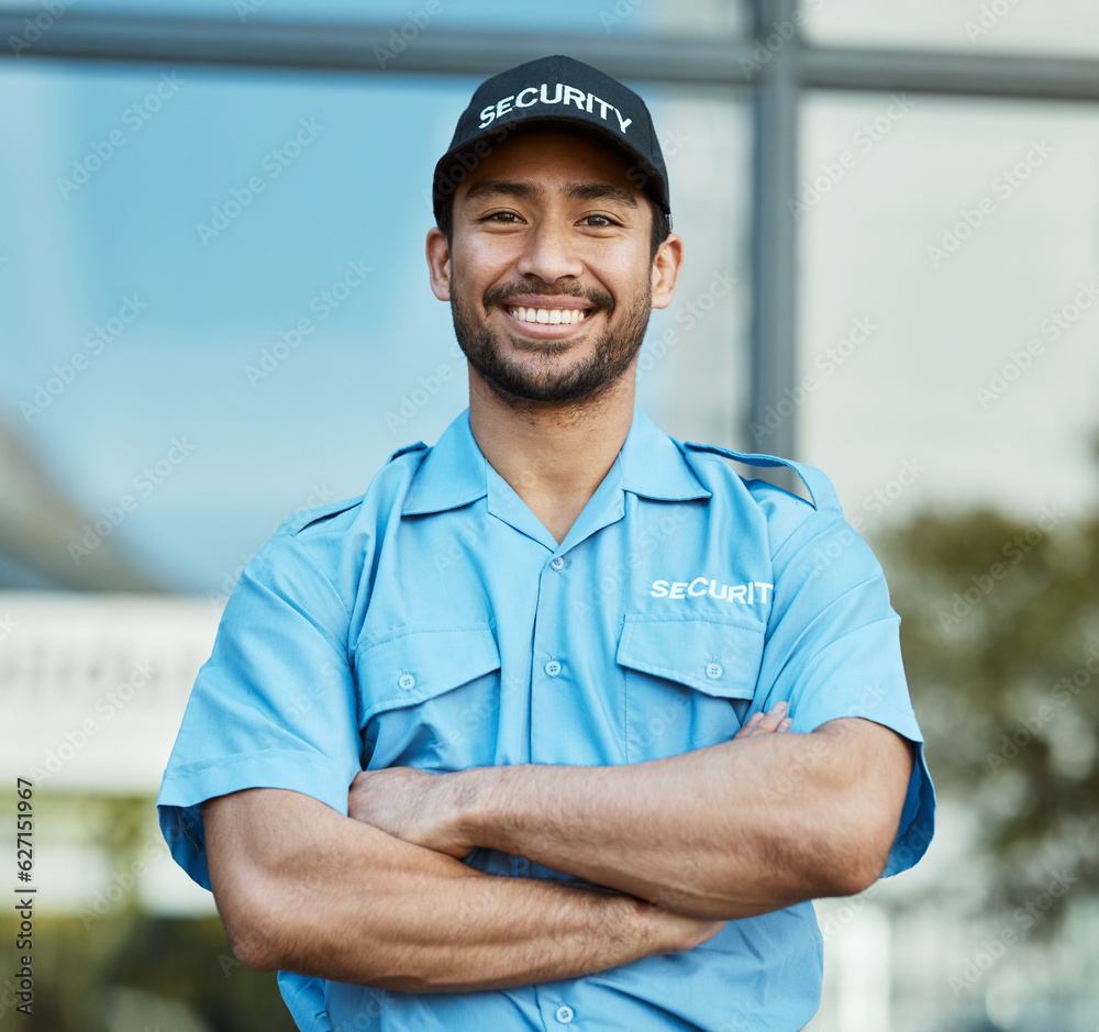 Asian man, portrait and security guard with arms crossed in city for ...