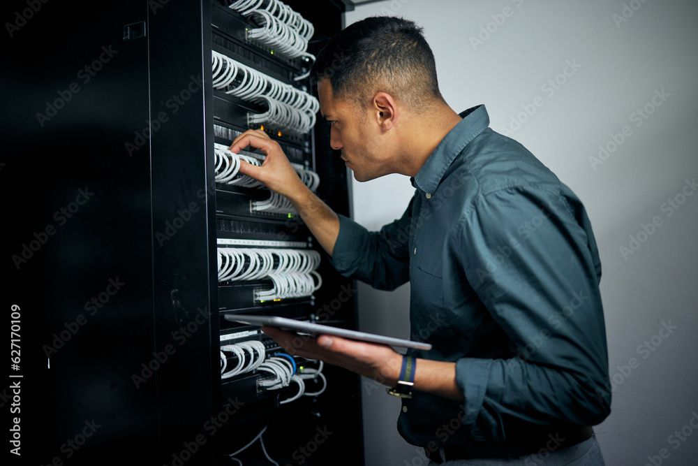 Engineer Man Tablet And Cables In Server Room Inspection Thinking Or Check For Analysis Night