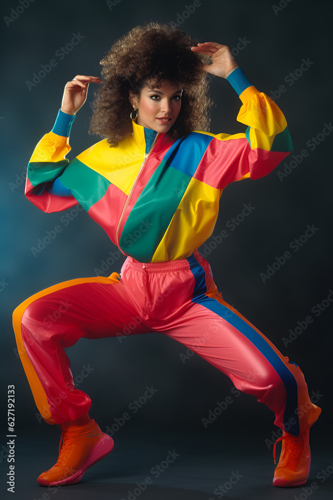 Foto de Stock Sporty woman in colorful fitness outfit 80s retro fashion ...