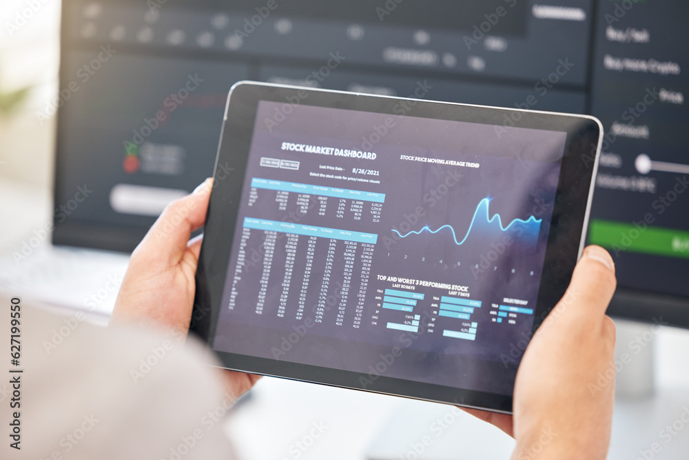 Tablet in hands, statistics and stock market with fintech and trading, invest and financial ...