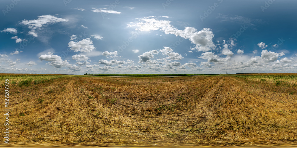 360 hdri panorama among dry farming field with clouds on blue sky with ...