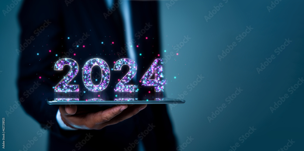 Happy new year 2024 with virtual screen 2024. New Goals, Plans, and ...