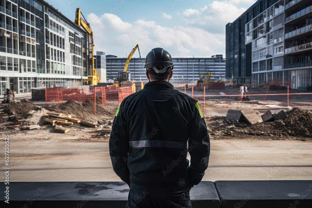 Security Guard In Black Stands With His Back To Construction Sites ...