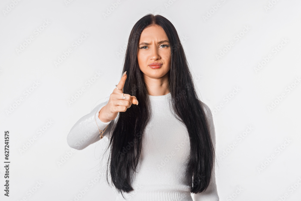 Angry young woman arguing shake index finger, punishing mischief ...