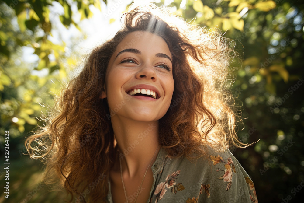 portrait of a woman with sunlight flare and nature , Their smiling ...