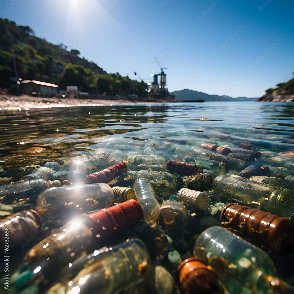 Plastic bottles plastic pollution on a beach waterfront recycling waste ...