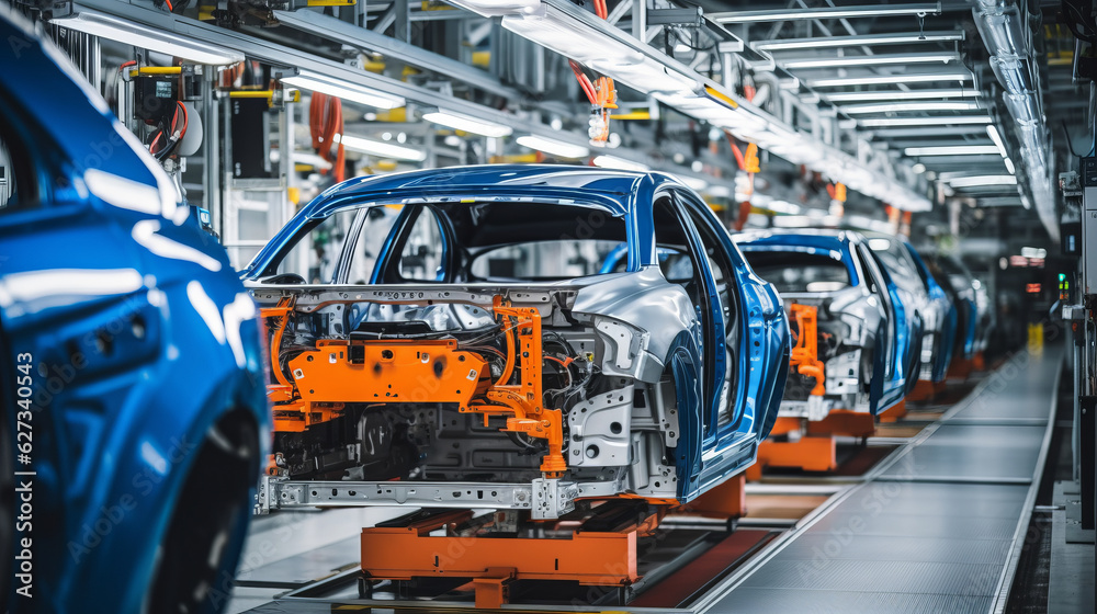 Mass production assembly line of modern cars in a busy factory の Stock ...