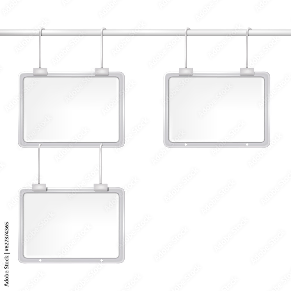 Blank white pop displays on pipe realistic mockup. Promotional hanging ...