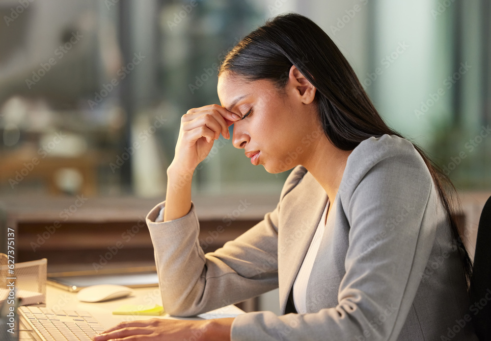 Headache, stress and business woman in night office for burnout ...