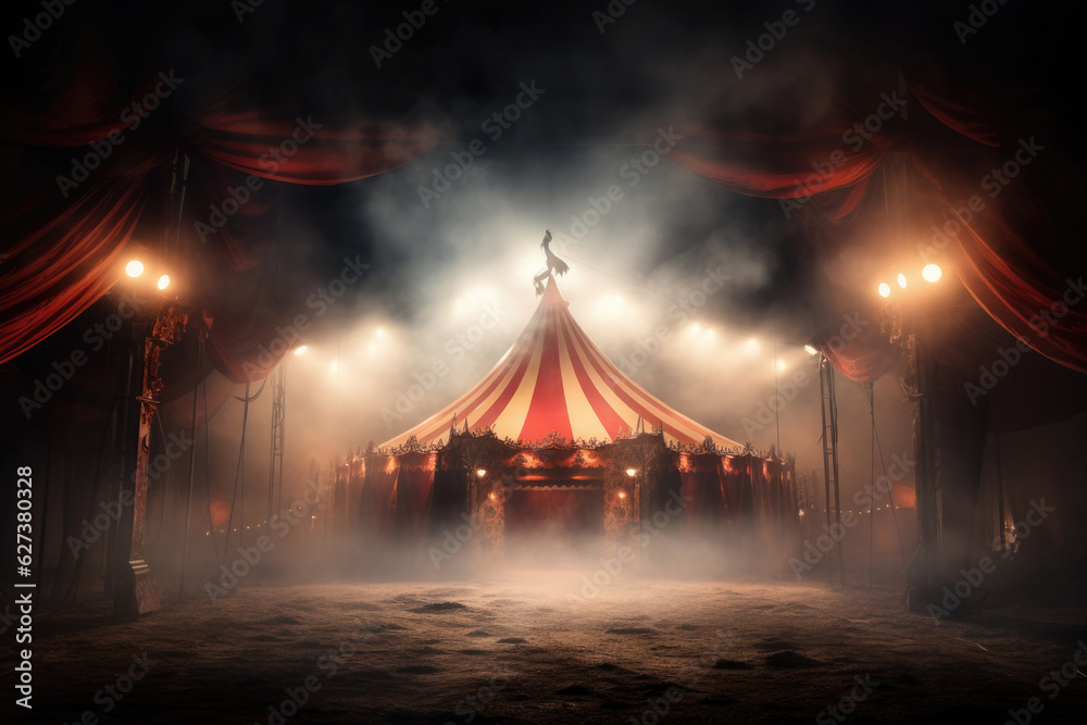 Circus tent with illuminations lights at night. Cirque facade. Festive attraction Stock Photo ...