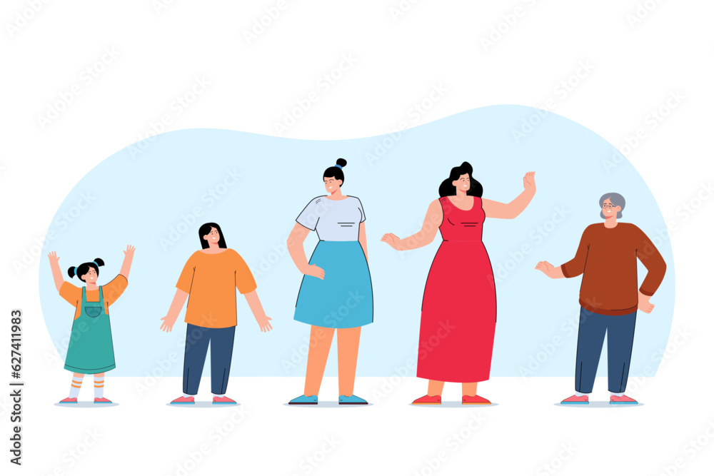 Women of different ages standing together vector illustration. Cartoon ...