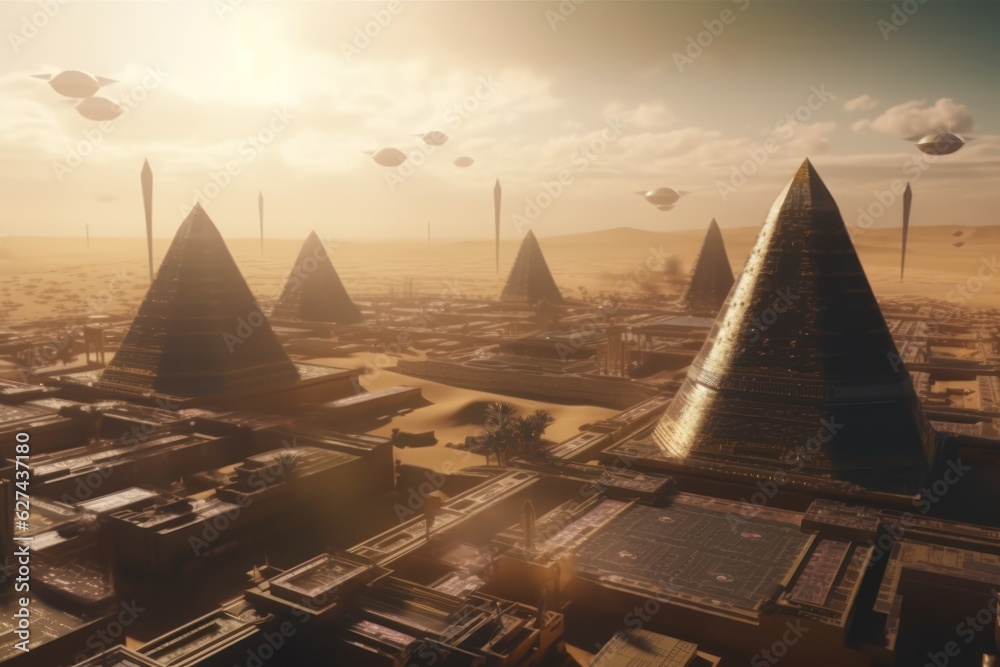 Futuristic ancient egyptian city with huge pyramids and high tech ...