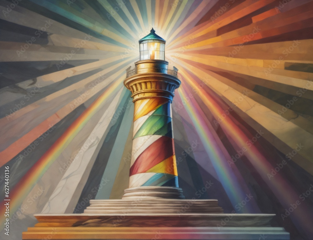 Graphic illustration of a lighthouse radiating a spectrum of light ...