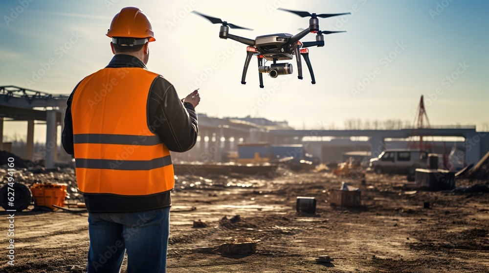 Drone inspection. Operator inspecting construction site control by ...