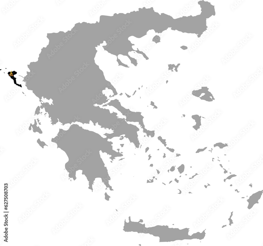 Black map of Corfu Island with burning flame within the gray map of ...