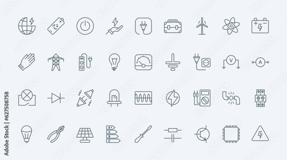 Electricity, electric circuit symbols thin line icons set vector ...