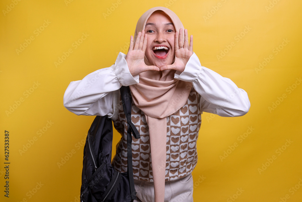 Stock-Foto „Excited young muslim female student college wearing hijab ...