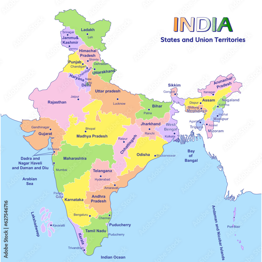 Detailed vector Illustration of New India map with all states and union ...