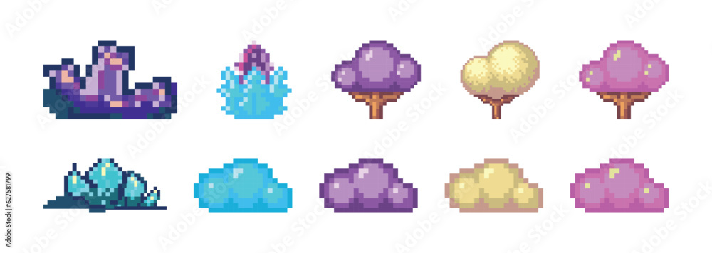 Vector de Stock Trees and backyard neon bushes pixel art icon set. Forest elements logo ...