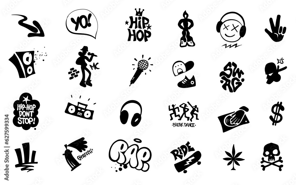 hip hop culture rap music graffiti break dance symbols icon set ...