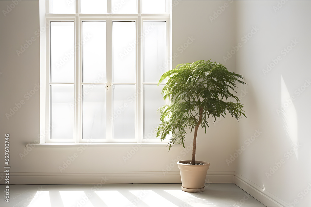 Light-filled conservatory with an empty wall and a single potted plant ...