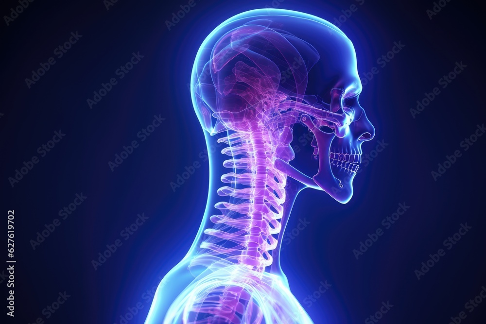 X-Ray image of human skeleton, x-ray image. 3D illustration of neck ...