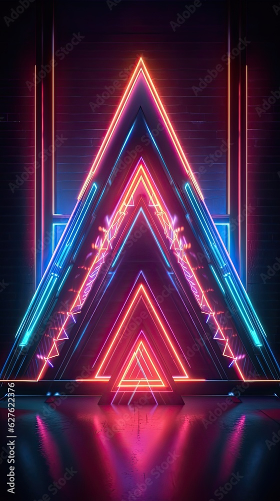 Neon stage design with floating tetrahedrons emitting a soft pulsating ...