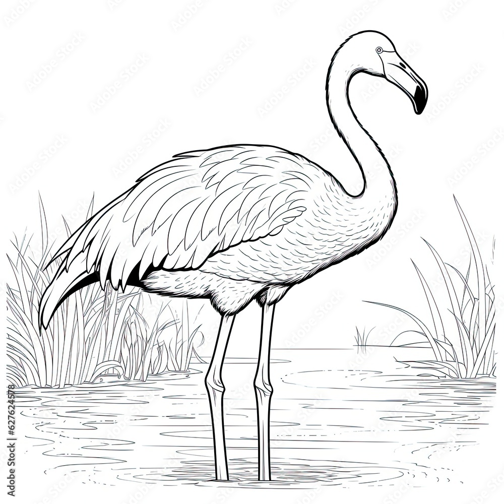 Flamingo animal line art illustration. Black and white coloring page ...
