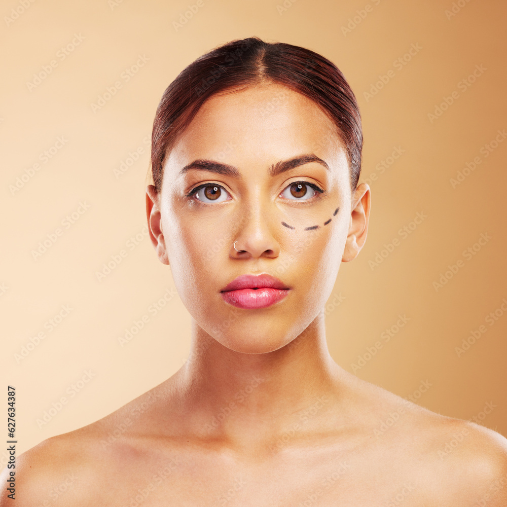 Plastic surgery, cosmetics and woman with surgical lines on face in ...