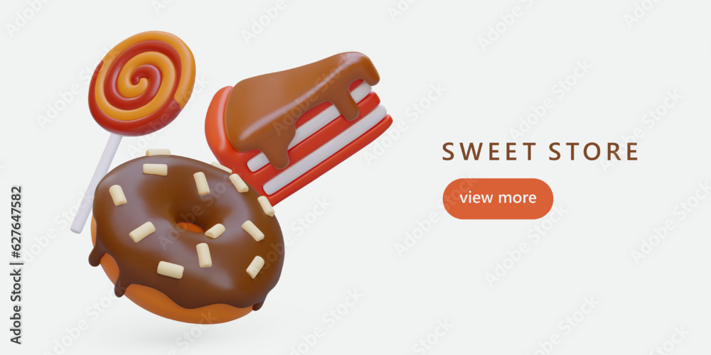 Sweet store. Advertising banner with 3D illustration. Donut in ...
