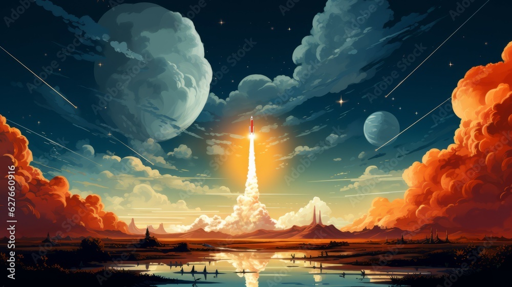 Futuristic rocket taking off illustration. Beautiful visualization of a ...