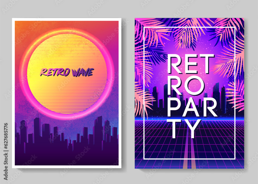 Rave party Flyer design template set in 1980s style. Retro Futurism ...