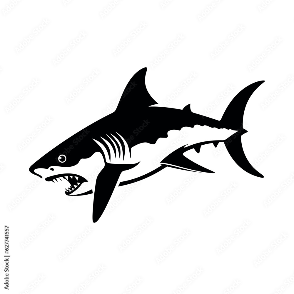 Vector illustration of a black silhouette shark. Isolated white ...