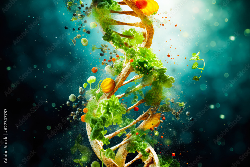 Helix DNA strand of GMO food. Genetically modified crop, biotechnology ...