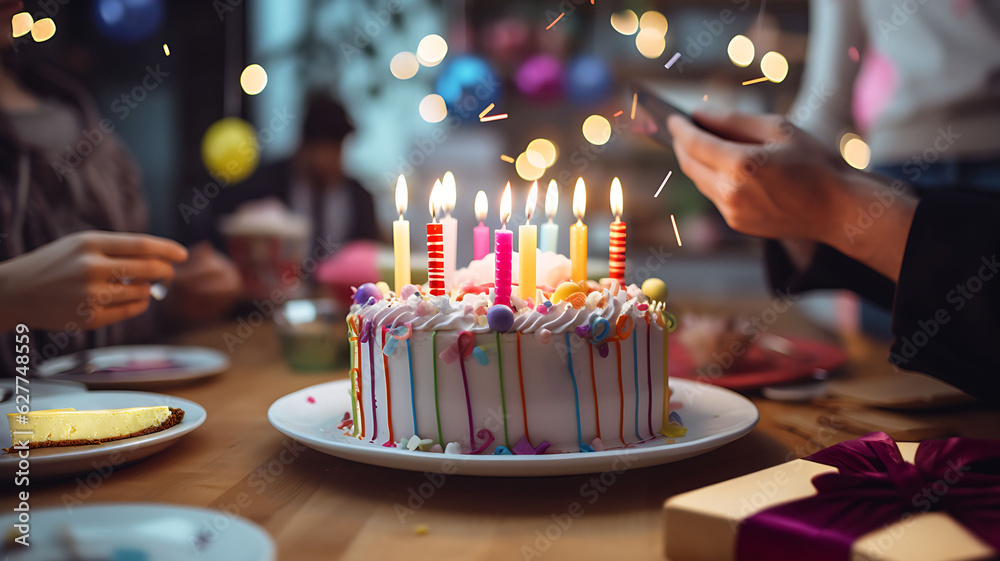 white birthday cake with candles, birthday party for children, children ...