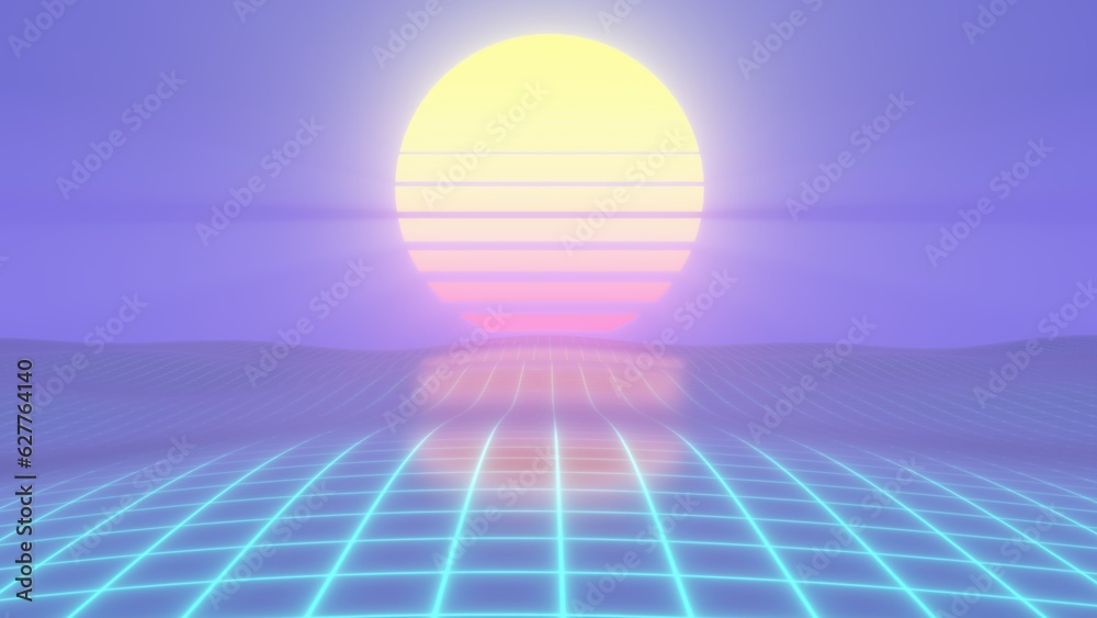 Retro Synthwave 80s Sun Above Wireframe Grid Neon Glowing Ocean Waves ...