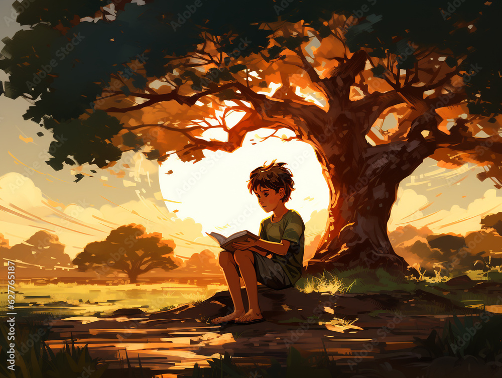 An illustration of a boy reading a book under the shade of a shady tree. Looks very diligent to ...