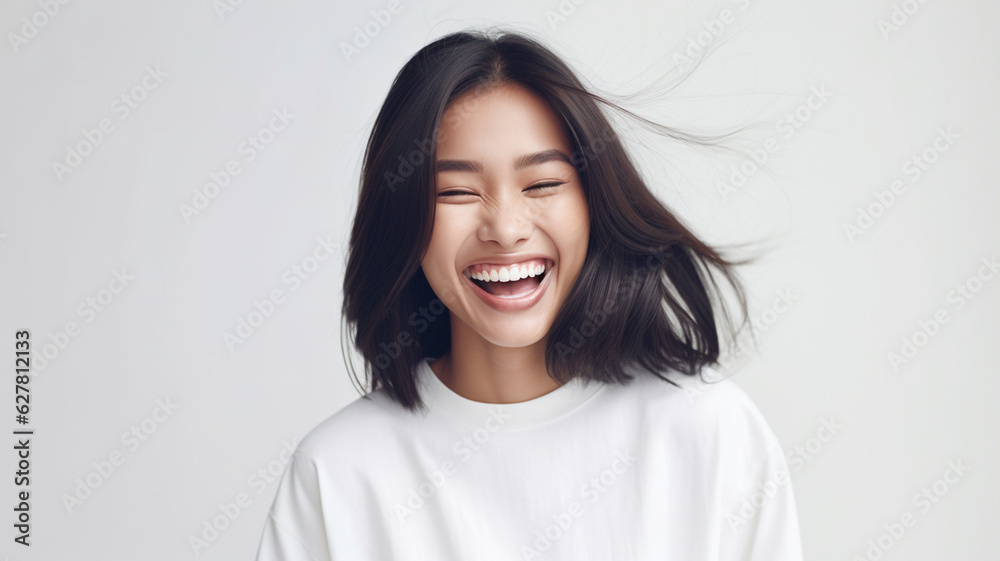 young adult woman laughs heartily, extreme positive emotions and ...