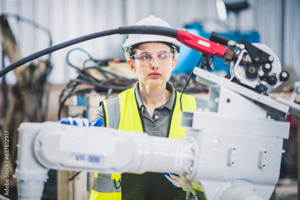 Engineers team mechanic using computer controller Robotic arm for welding steel in steel factory ...