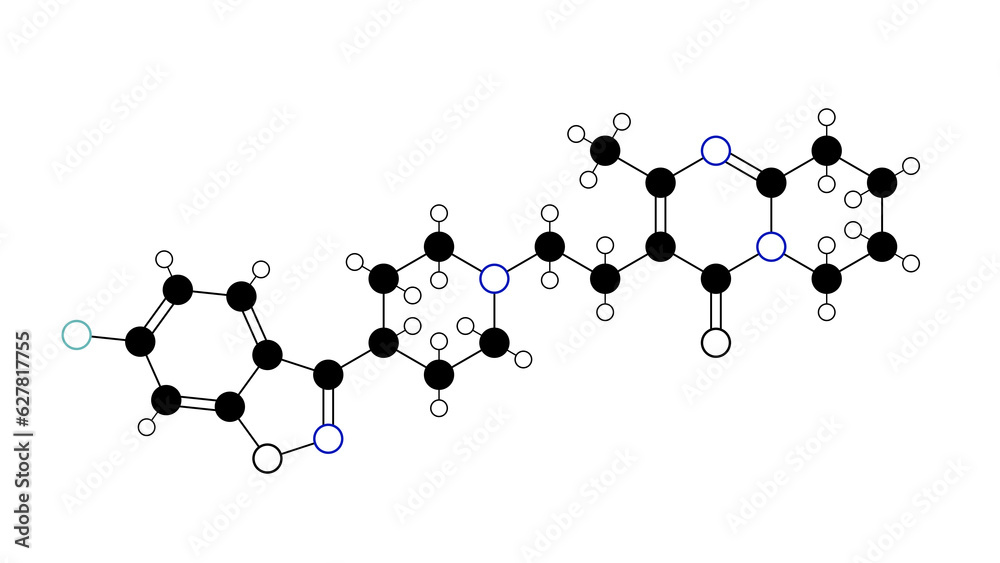 risperidone molecule, structural chemical formula, ball-and-stick model ...