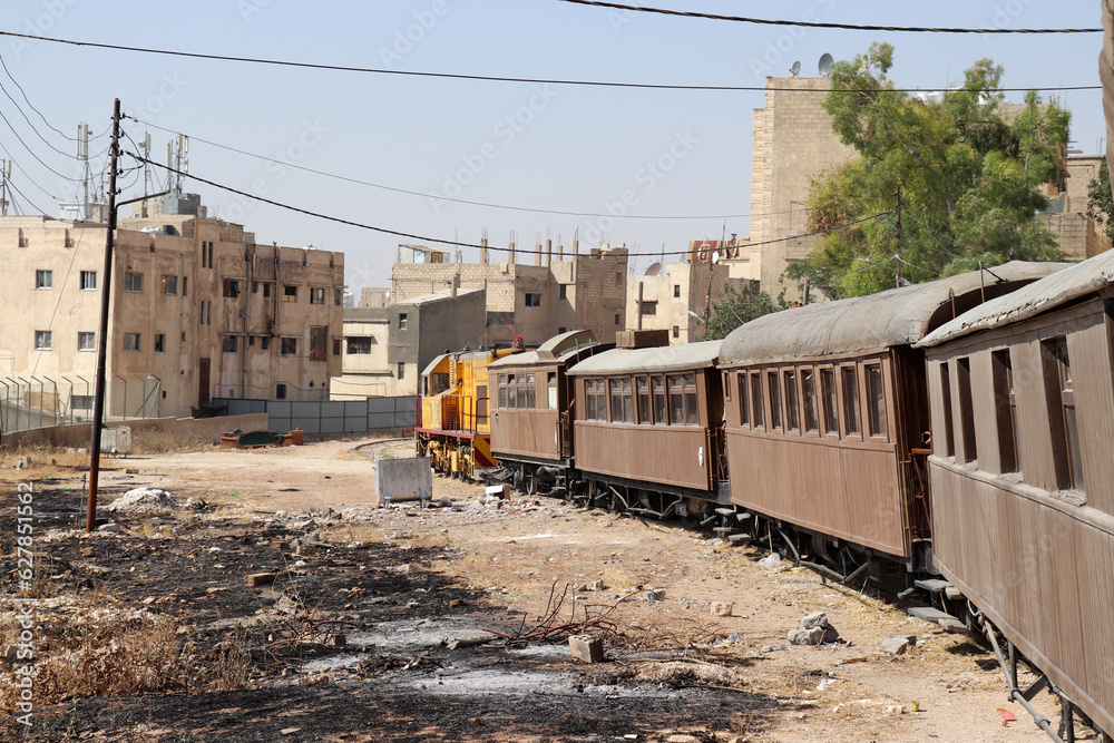 Amman, Jordan (a train among houses) An old Turkish Ottoman steam train ...