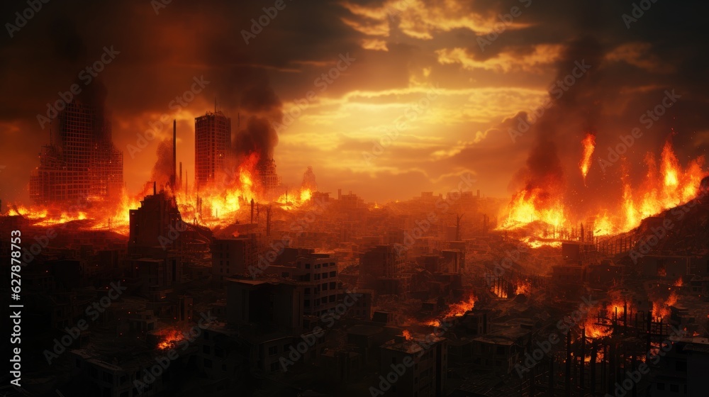 Empty street of burnt up city. Apocalyptic view of city downtown as ...