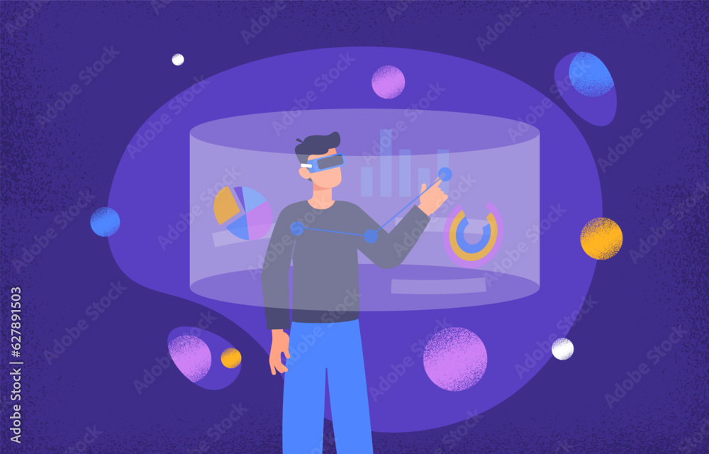 Augmented reality concept. Man in AR glasses evaluates graphs and ...