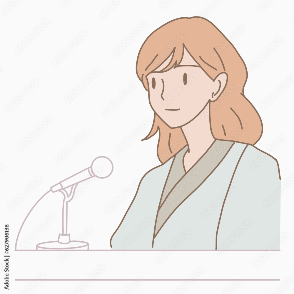 Woman in formal uniform sitting and speaking through the microphone ...