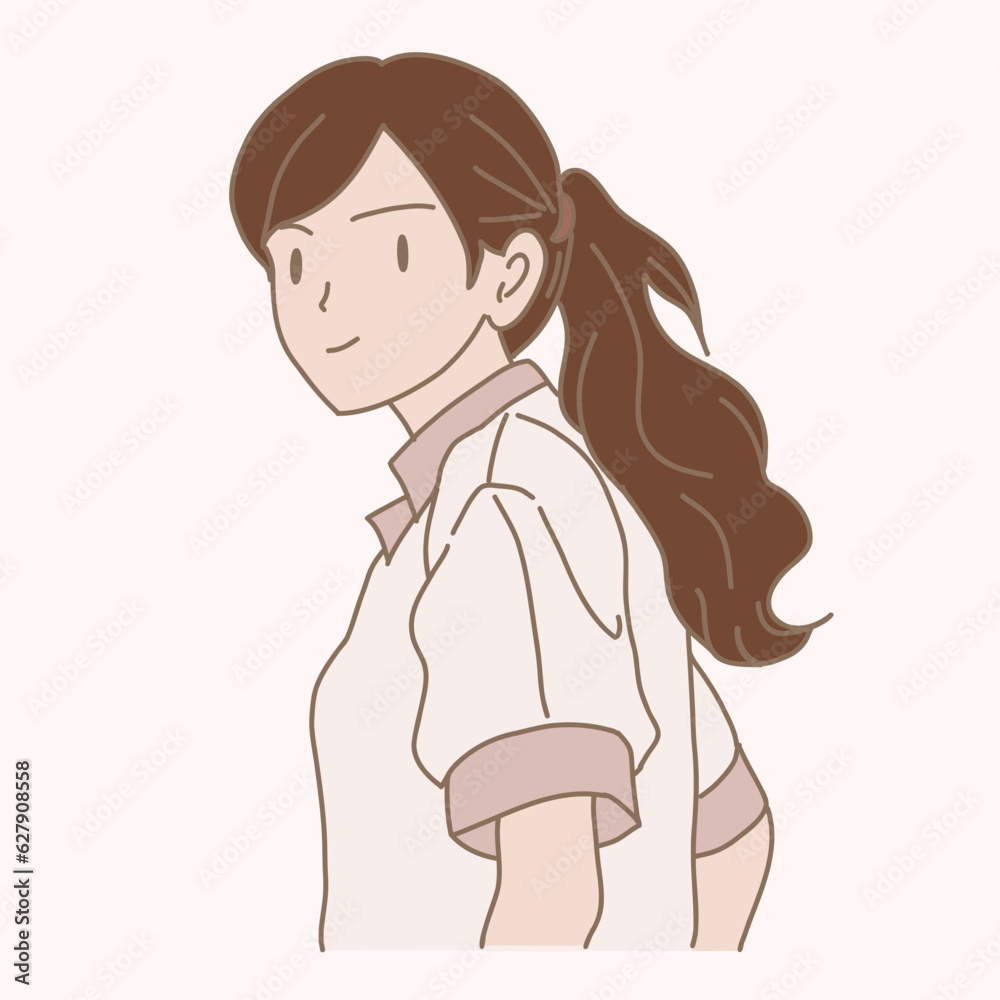Confident smiling girl looking back. Hand drawn flat cartoon character ...