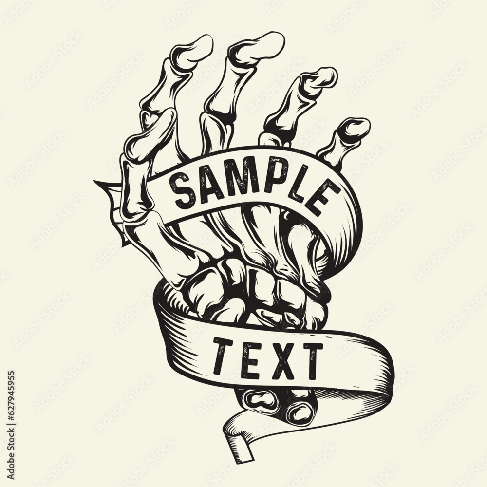 Vintage Monochrome Style Hand Drawing Skelton Hand Tattoo Vector ...